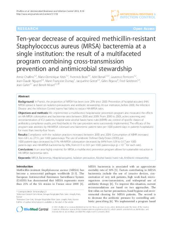 Pdf Reducing Methicillin Resistant Staphylococcus Aureus Mrsa Patient Exposure By Infection