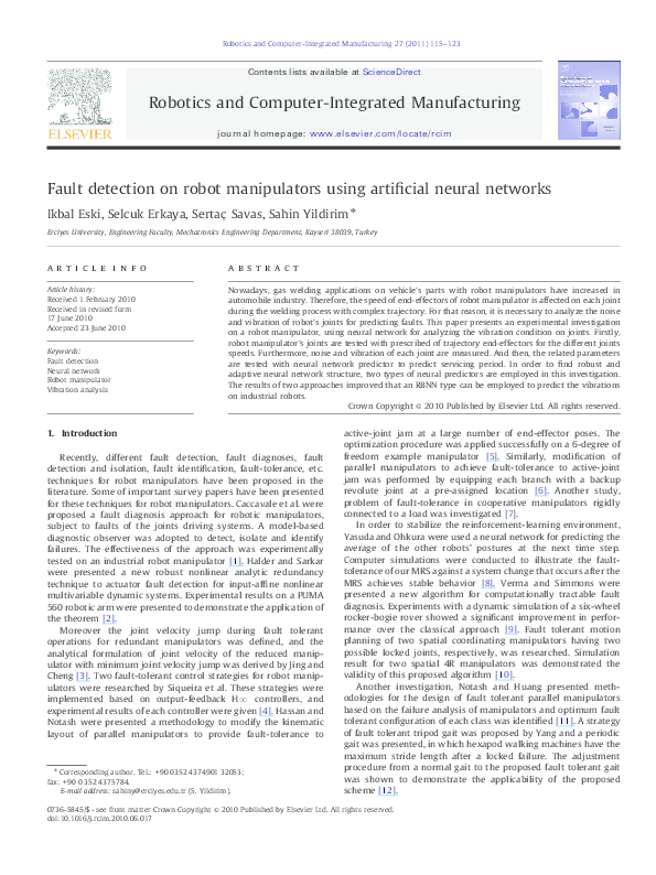 Pdf Fault Detection On Robot Manipulators Using Artificial Neural Networks