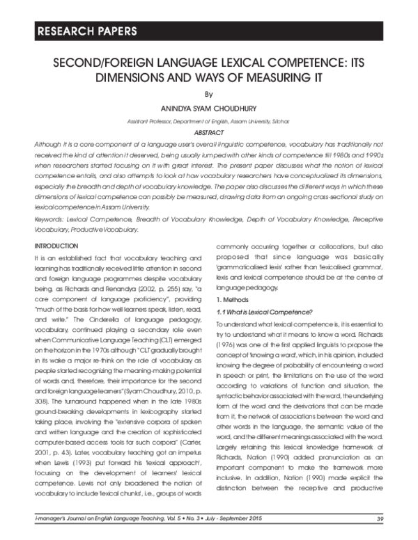 (PDF) Second/Foreign Language Lexical Competence: Its Dimensions and ...