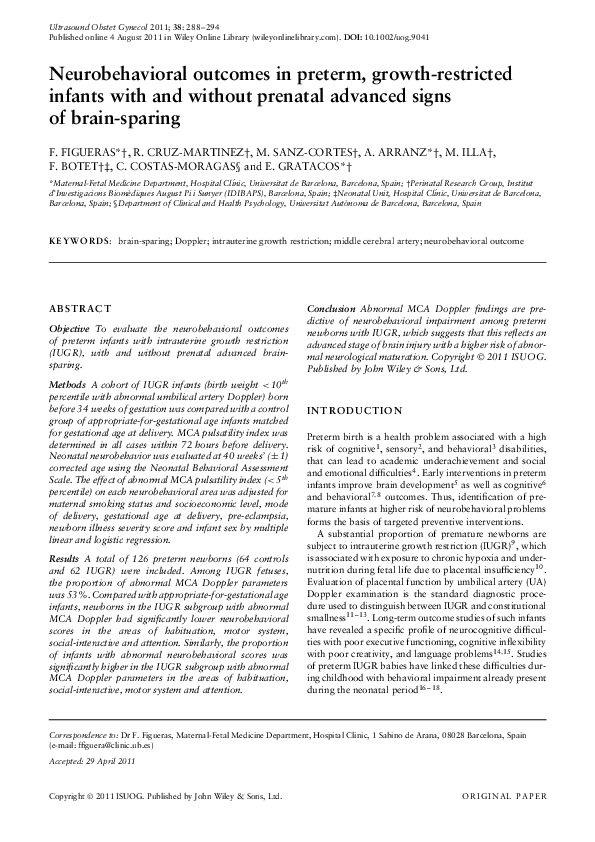 (PDF) Neurobehavioral outcomes in preterm, growth-restricted infants with and without prenatal ...