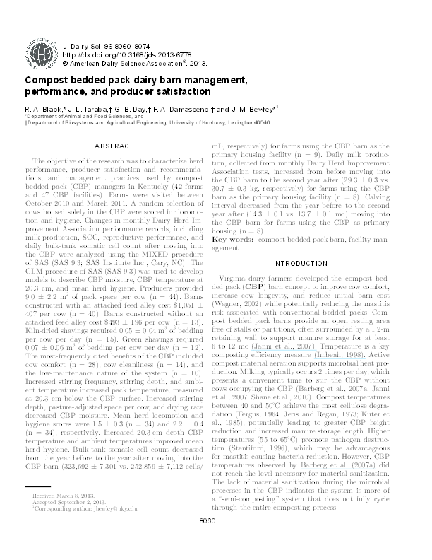 (PDF) Compost bedded pack dairy barn management, performance, and ...