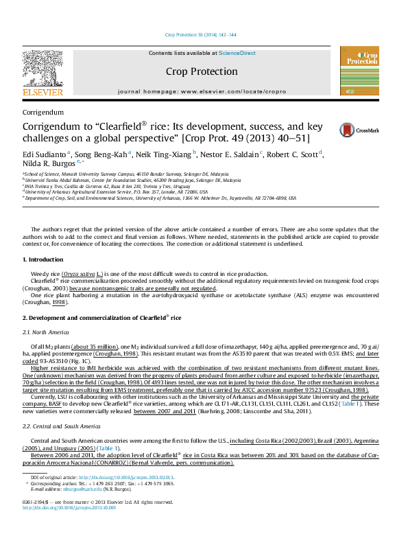(PDF) Clearfield rice review paper Crop Prot 2013 - Corrigendum