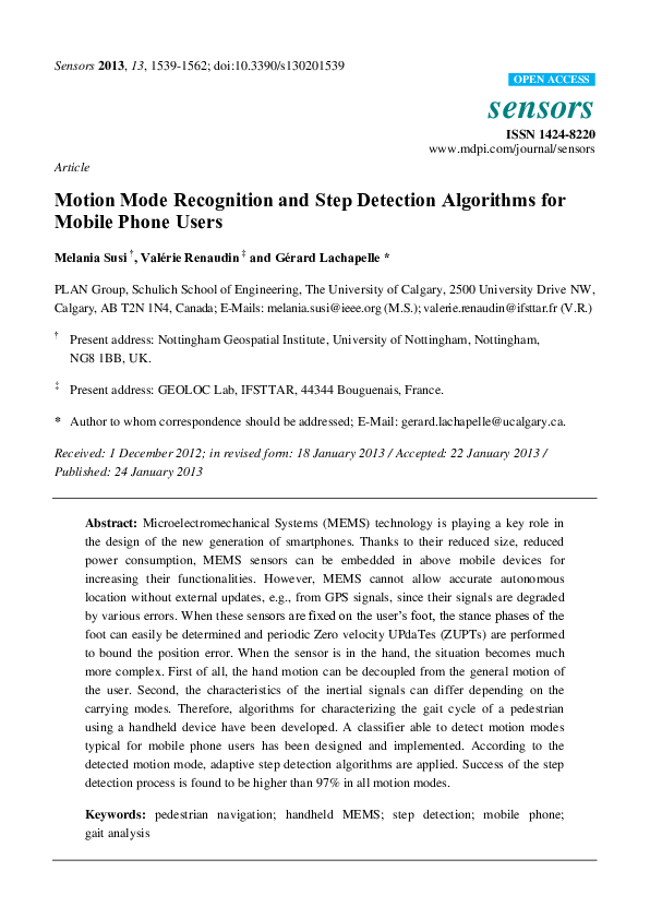 Pdf Motion Mode Recognition And Step Detection Algorithms For Mobile