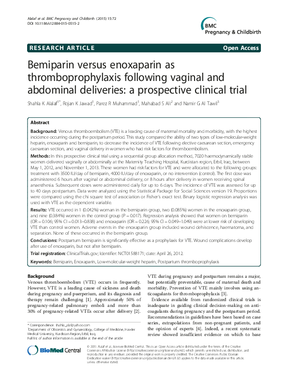 (PDF) Bemiparin versus enoxaparin as thromboprophylaxis following ...