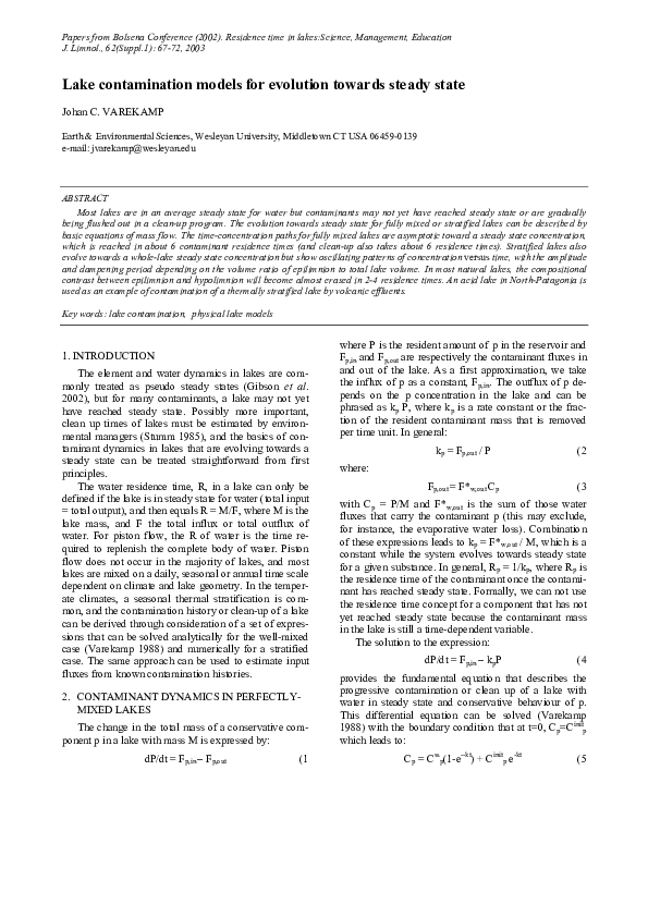 (PDF) Lake contamination models for evolution towards steady state