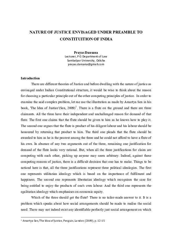 (PDF) NATURE OF JUSTICE ENVISAGED UNDER PREAMBLE TO CONSTITUITION OF INDIA