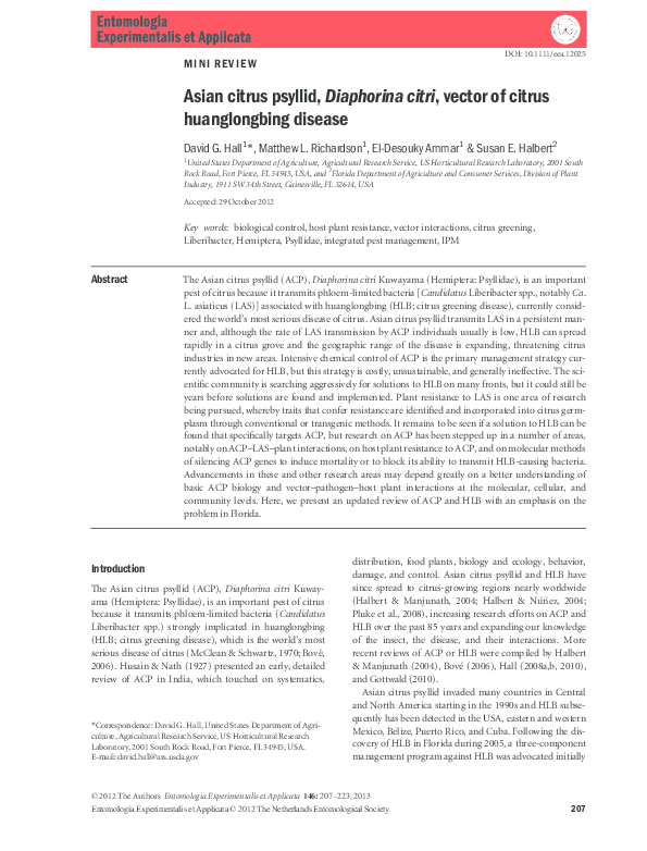 (PDF) Asian citrus psyllid, Diaphorina citri , vector of citrus ...