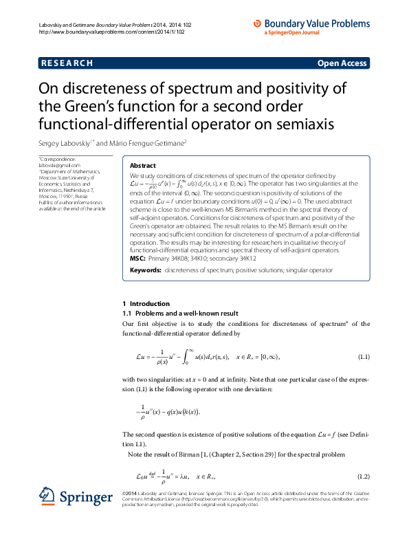 (PDF) On discreteness of spectrum and positivity of the Green’s function for a second order ...