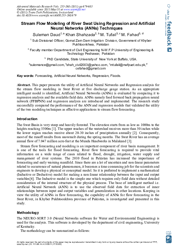 Pdf Stream Flow Modeling Of River Swat Using Regression And Artificial Neural Networks Anns