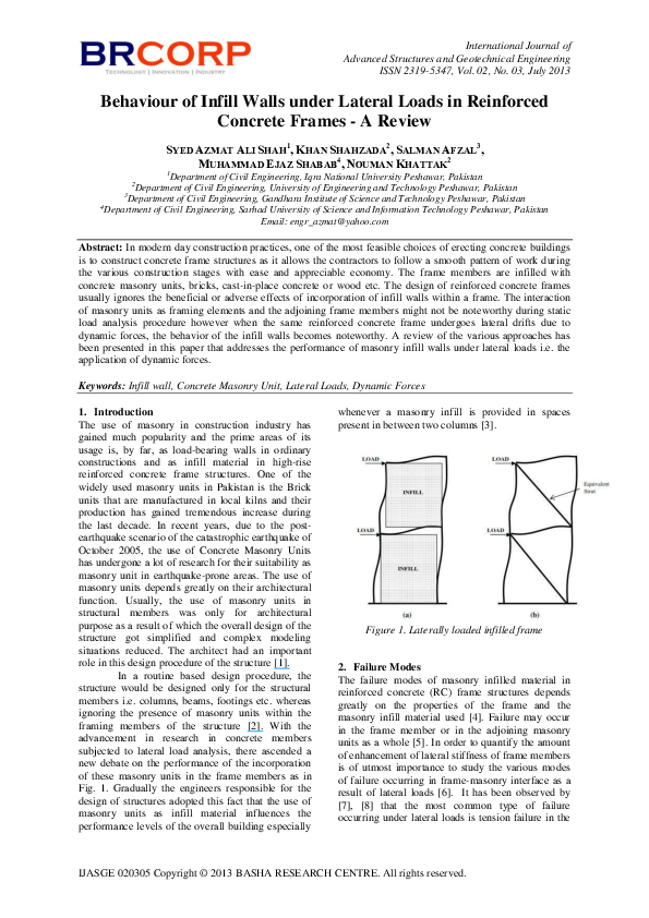 (PDF) Behaviour of Infill Walls under Lateral Loads in Reinforced ...