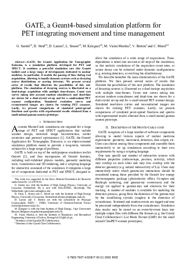 (PDF) GATE, a Geant4-based simulation platform for PET integrating movement and time management