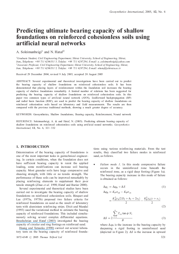 (PDF) Predicting ultimate bearing capacity of shallow foundations on reinforced cohesionless ...