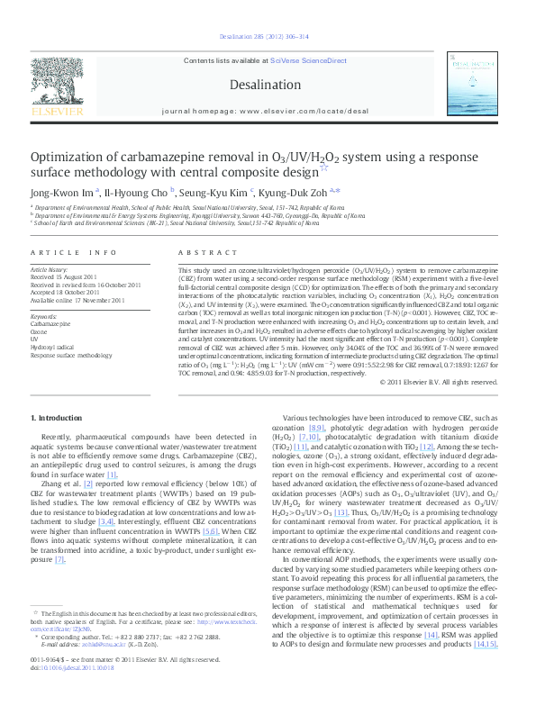 (PDF) Optimization of carbamazepine removal in O3/UV/H2O2 system using a response surface ...