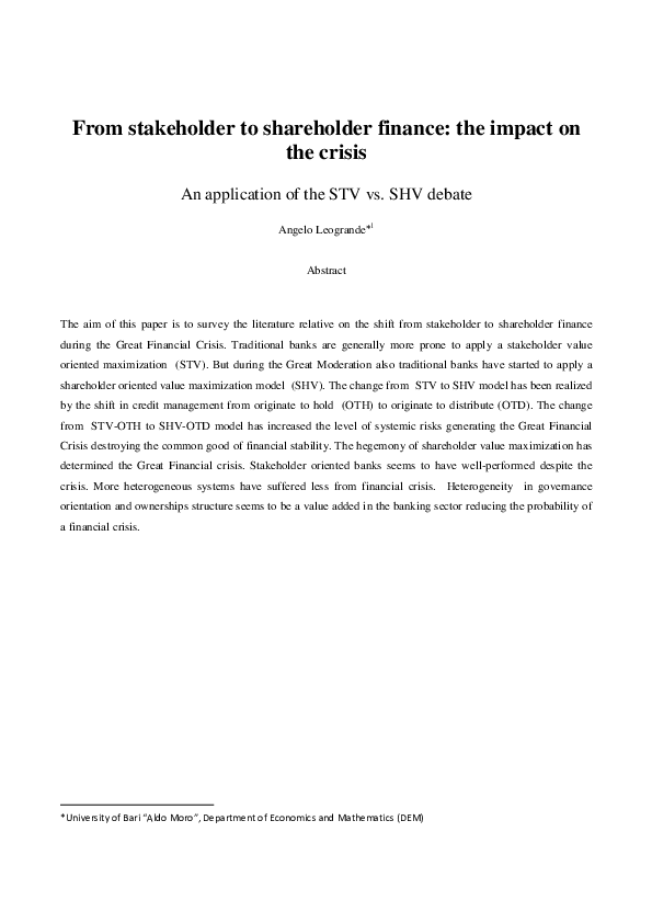 (PDF) From stakeholder to shareholder finance: the impact on the crisis ...
