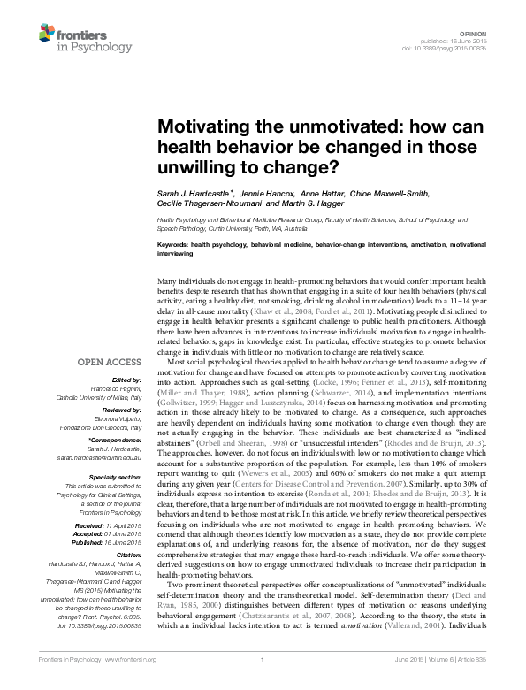 (PDF) Motivating the unmotivated: how can health behavior be changed in those unwilling to change?