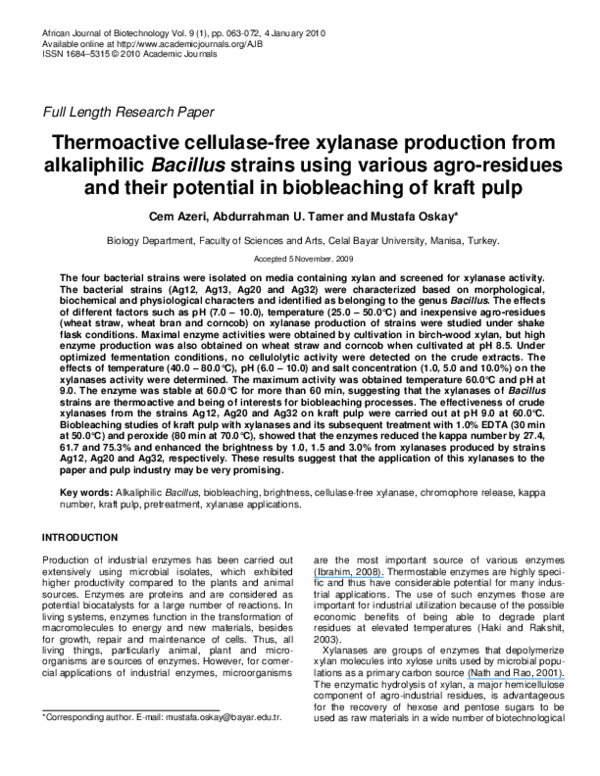 (PDF) Thermoactive cellulase-free xylanase production from alkaliphilic Bacillus strains using ...