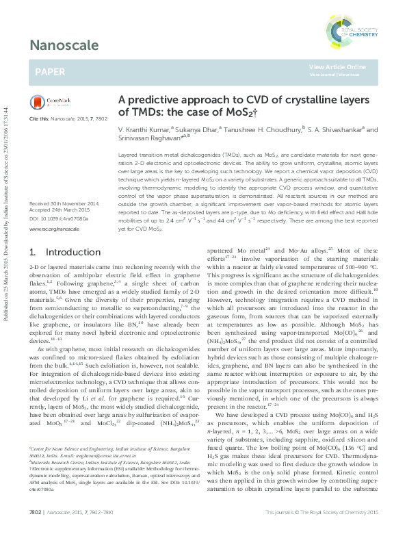 (PDF) A predictive approach to CVD of crystalline layers of TMDs: the ...