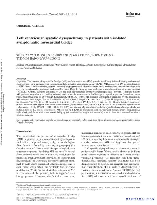(PDF) Left ventricular systolic dyssynchrony in patients with isolated symptomatic myocardial bridge