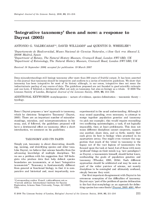 (PDF) ‘Integrative taxonomy’ then and now: a response to Dayrat (2005)