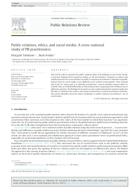 (PDF) Public relations, ethics, and social media: A cross-national study of PR practitioners