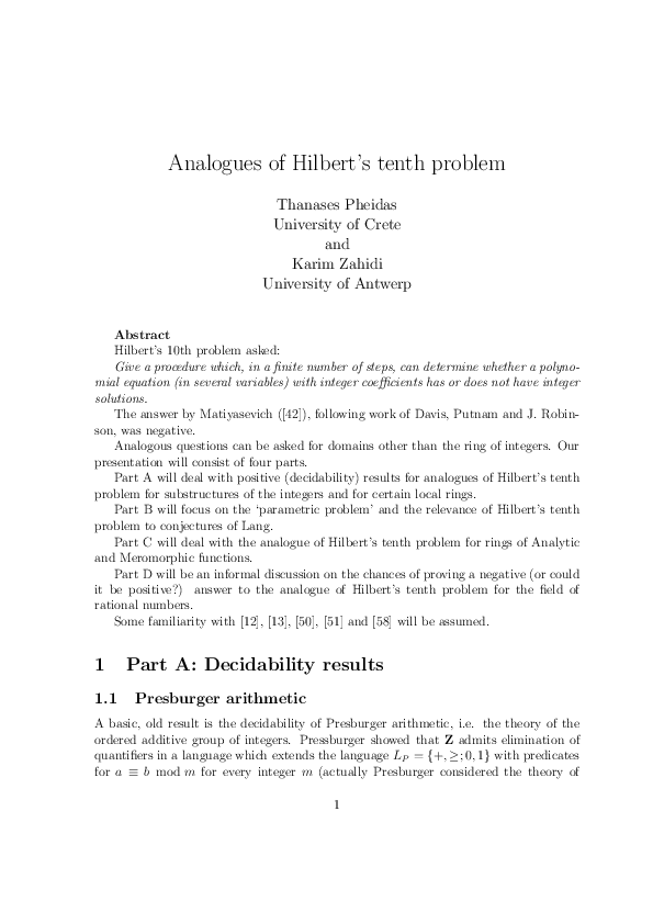 (PDF) Analogues of Hilbert's tenth problem