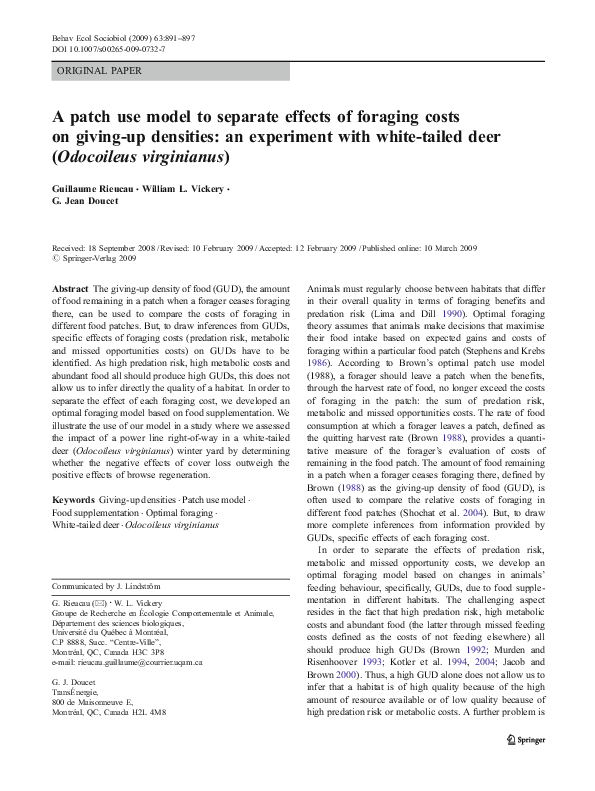 (PDF) A patch use model to separate effects of foraging costs on giving ...