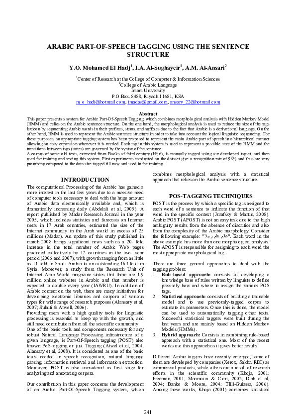 (PDF) ARABIC PART-OF-SPEECH TAGGING USING THE SENTENCE STRUCTURE