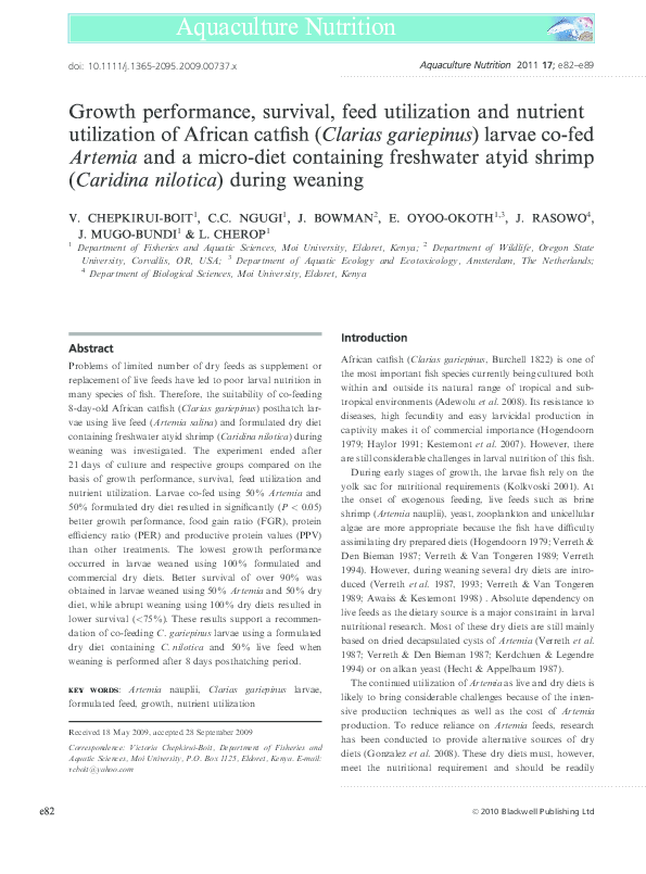 (PDF) Growth performance, survival, feed utilization and nutrient utilization of African catfish ...