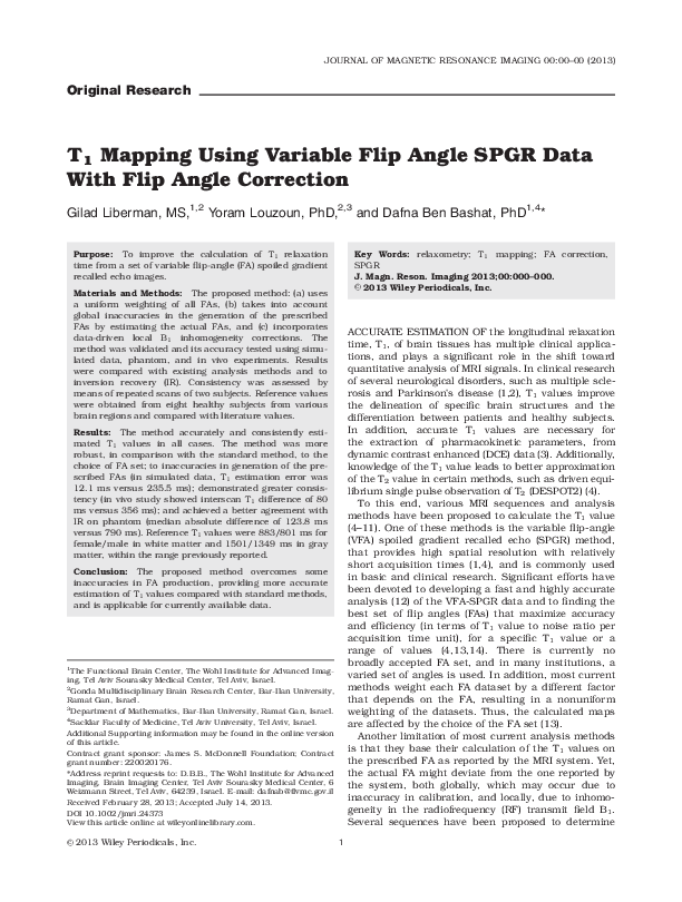 Pdf T 1 Mapping Using Variable Flip Angle Spgr Data With Flip Angle
