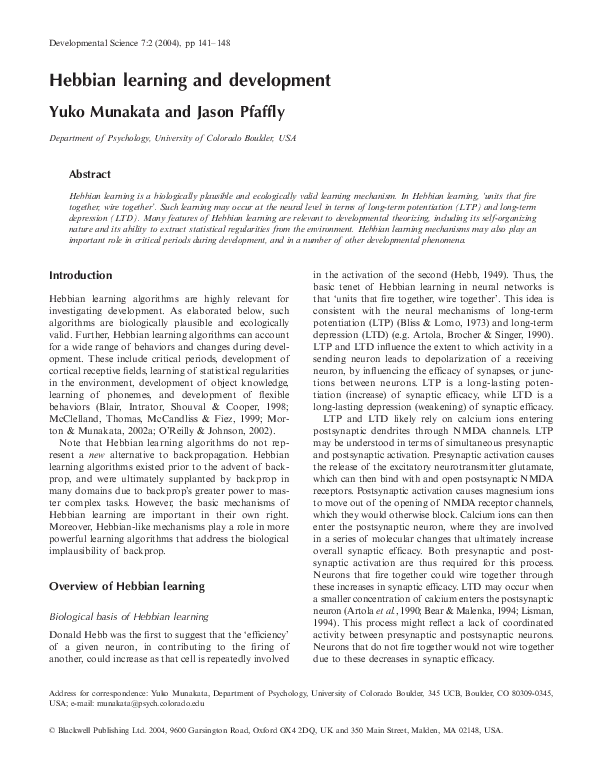 (PDF) Hebbian learning and development