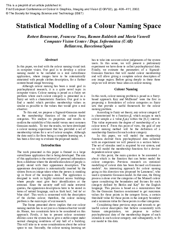 (PDF) Statistical modelling of a colour naming space