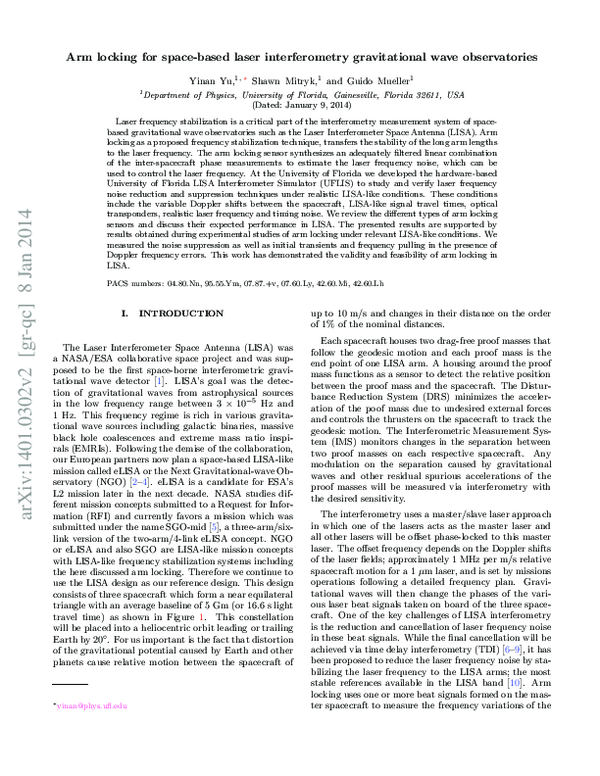 (PDF) Arm locking for space-based laser interferometry gravitational wave observatories | Guido ...