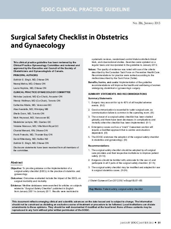 (PDF) Surgical Safety Checklist in Ob/Gyn Singh SS, Mehra N, Hopkins L ...