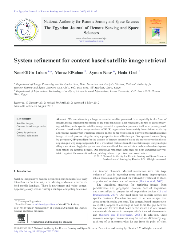 (PDF) System refinement for content based satellite image retrieval | Motaz El-Saban, Ayman Nasr ...