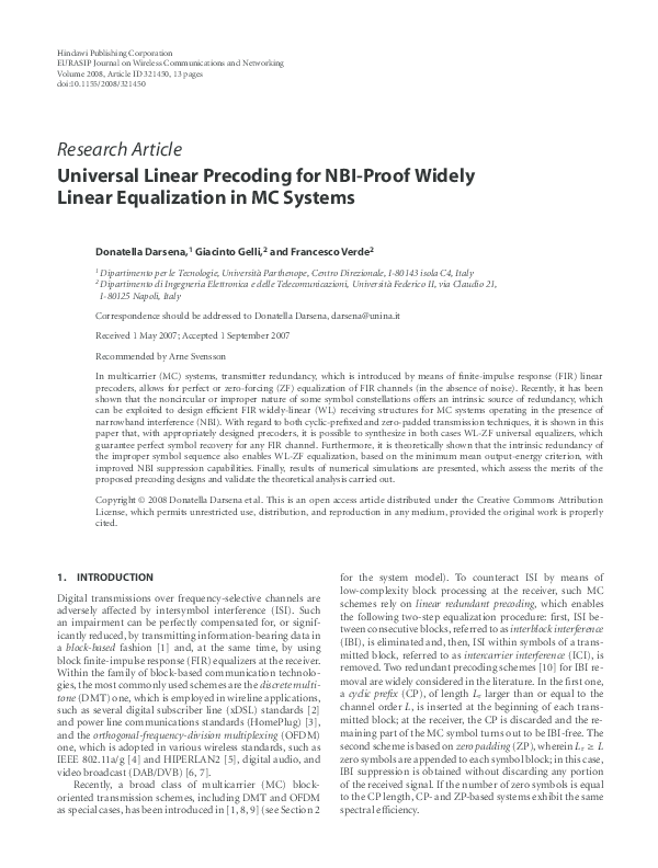 Pdf Universal Linear Precoding For Nbi Proof Widely Linear