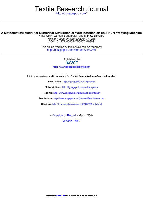 (PDF) A Mathematical Model for Numerical Simulation of Weft Insertion on an Air-Jet Weaving Machine