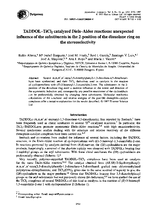 (PDF) TADDOL-TiCl2 catalyzed Diels-Alder reactions: unexpected ...