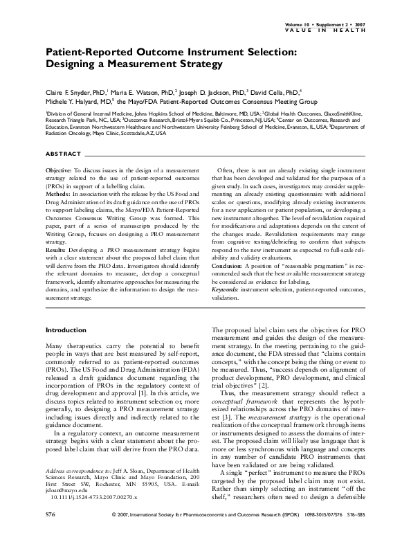 (PDF) Patient-Reported Outcome Instrument Selection: Designing a ...