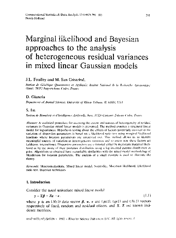 Pdf Heterogeneous Variances In Gaussian Linear Mixed Models J L Foulley