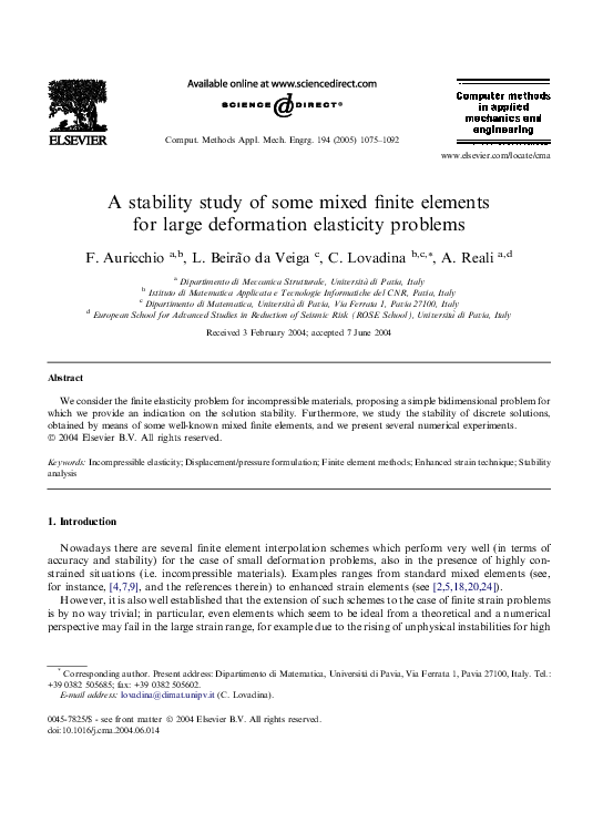 (PDF) A stability study of some mixed finite elements for large deformation elasticity problems
