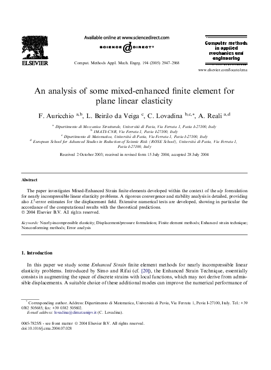Pdf An Analysis Of Some Mixed Enhanced Finite Element For Plane Linear Elasticity