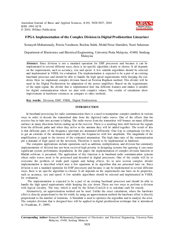 Pdf Fpga Implementation Of The Complex Division In Digital