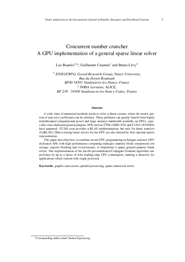 (PDF) Concurrent number cruncher: a GPU implementation of a general sparse linear solver