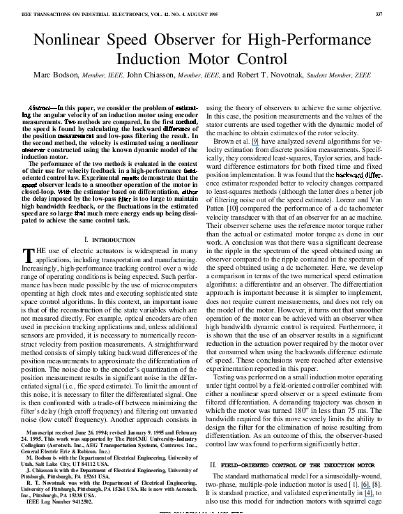 Pdf Nonlinear Speed Observer For High Performance Induction Motor Control