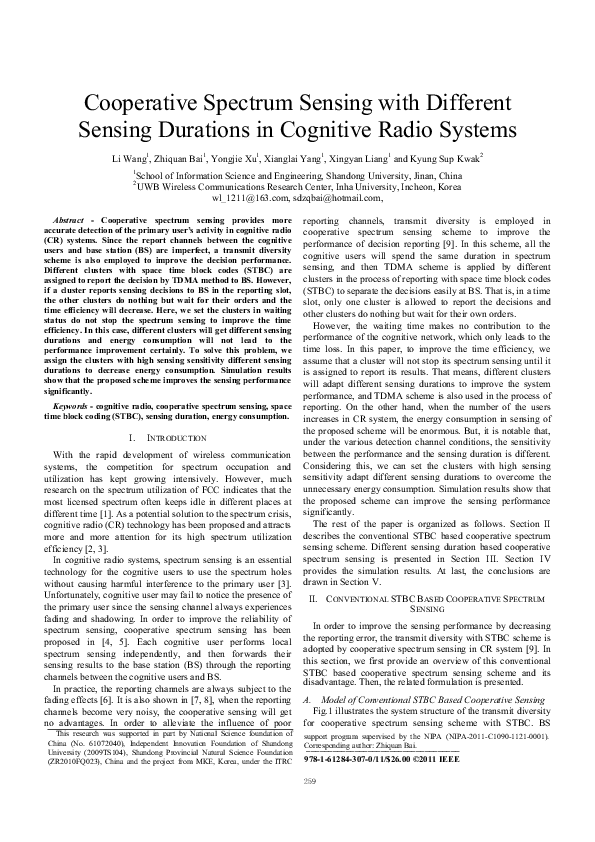 (PDF) Cooperative spectrum sensing with different sensing durations in cognitive radio systems