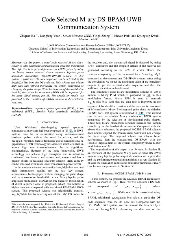 (PDF) Code Selected M-ary DS-BPAM UWB Communication System