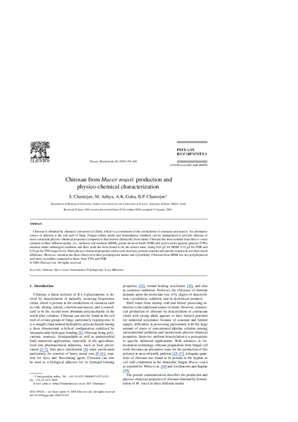 (PDF) Chitosan from Mucor rouxii: production and physico-chemical characterization