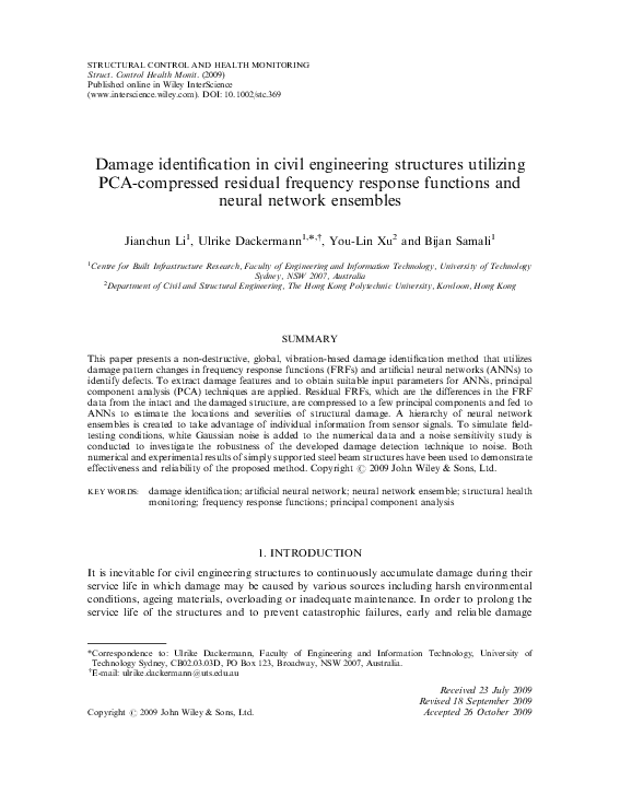 (PDF) Damage identification in civil engineering structures utilizing PCA-compressed residual ...