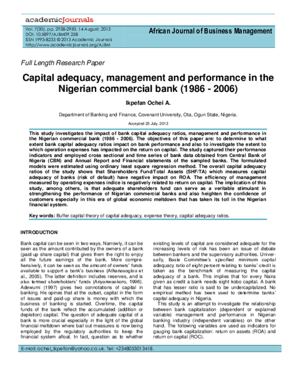 (PDF) Capital adequacy, management and performance in the Nigerian ...