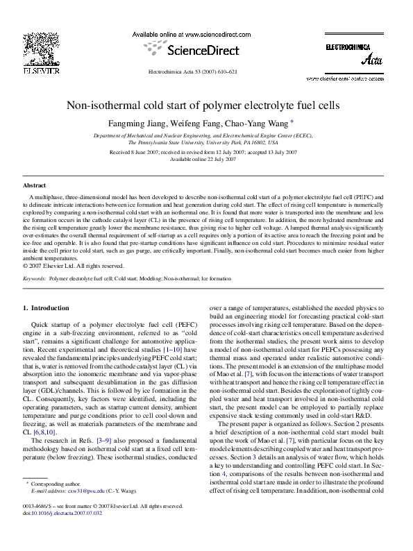(PDF) Non-isothermal cold start of polymer electrolyte fuel cells
